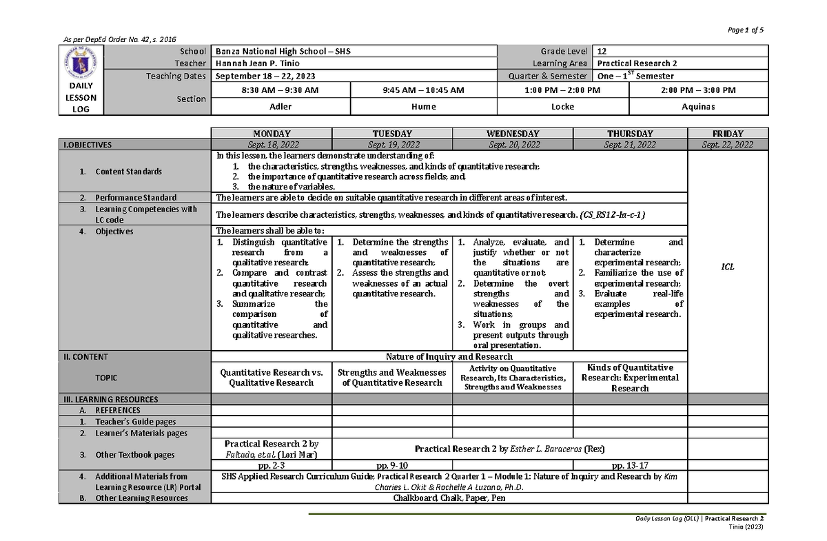 PR2 09-1822-2023 - dll - As per DepEd Order No. 42, s. 2016 Daily Lesson Log (DLL) | Practical ...