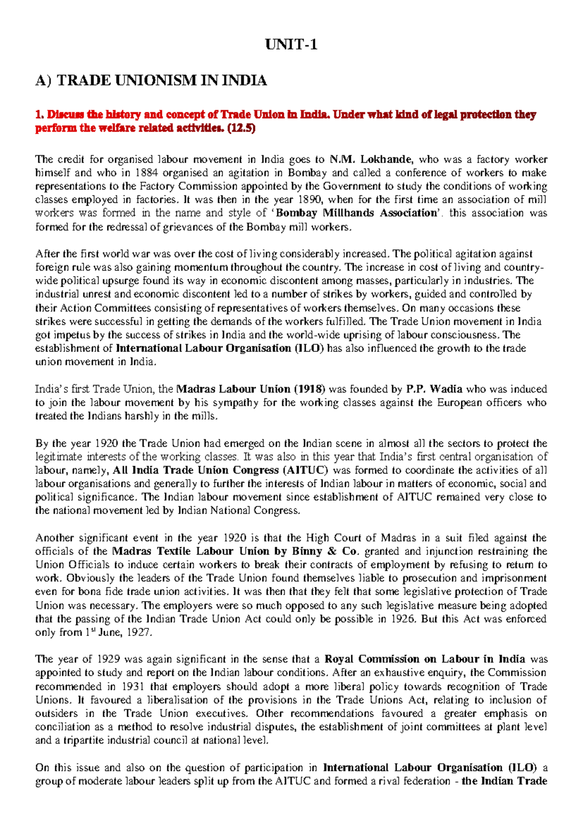 Labour LAW UNIT 1 - TRADE UNIONS ACT - UNIT- 1 A) TRADE UNIONISM IN ...