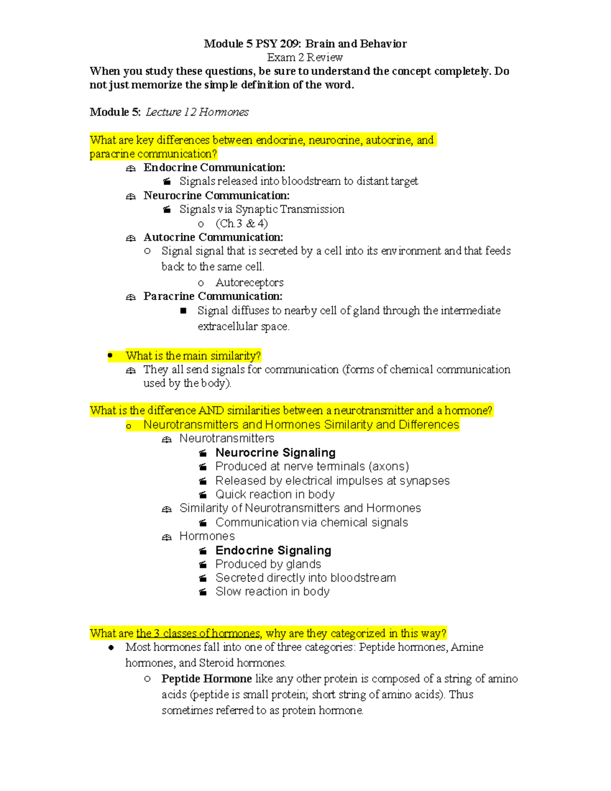 EXAM 2 Module 5 Study Guide - Copy - Module 5 PSY 209: Brain and Behavior Exam 2 Review When you ...