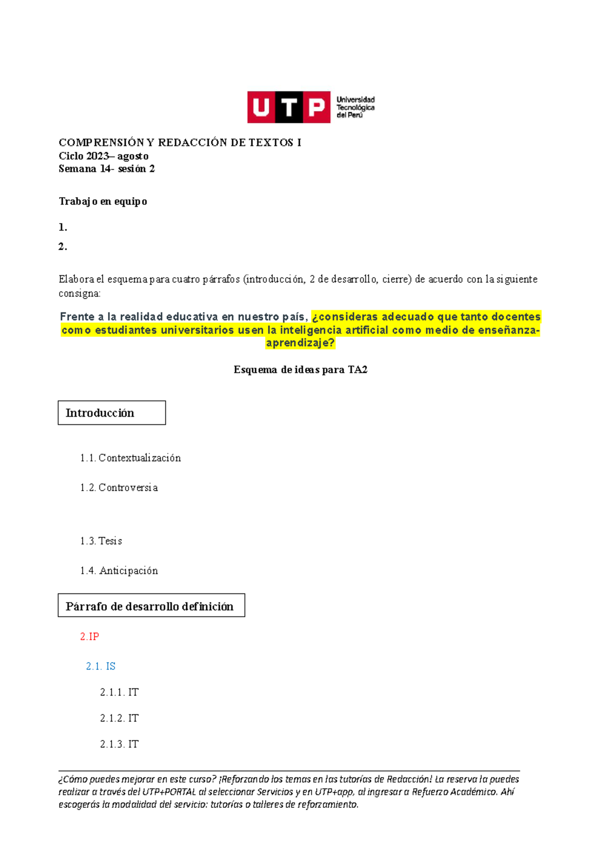 S14.s2-Esquema para PC2 2023 agosto - COMPRENSIÓN Y REDACCIÓN DE TEXTOS I Ciclo 2023– agosto ...