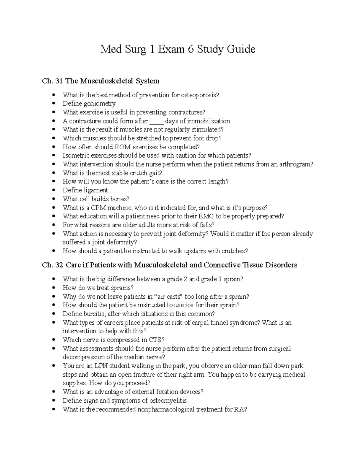 MS1 Exam 6 - exam - Med Surg 1 Exam 6 Study Guide Ch. 31 The ...