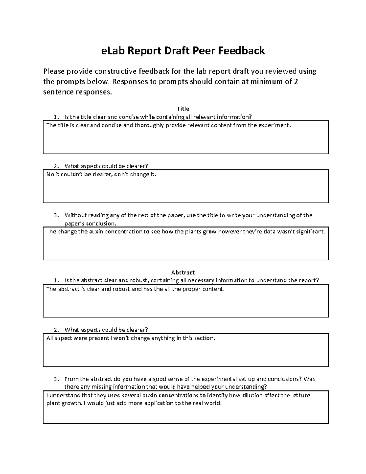 Lab Report Draft Peer Feedback - eLab Report Draft Peer Feedback Please ...