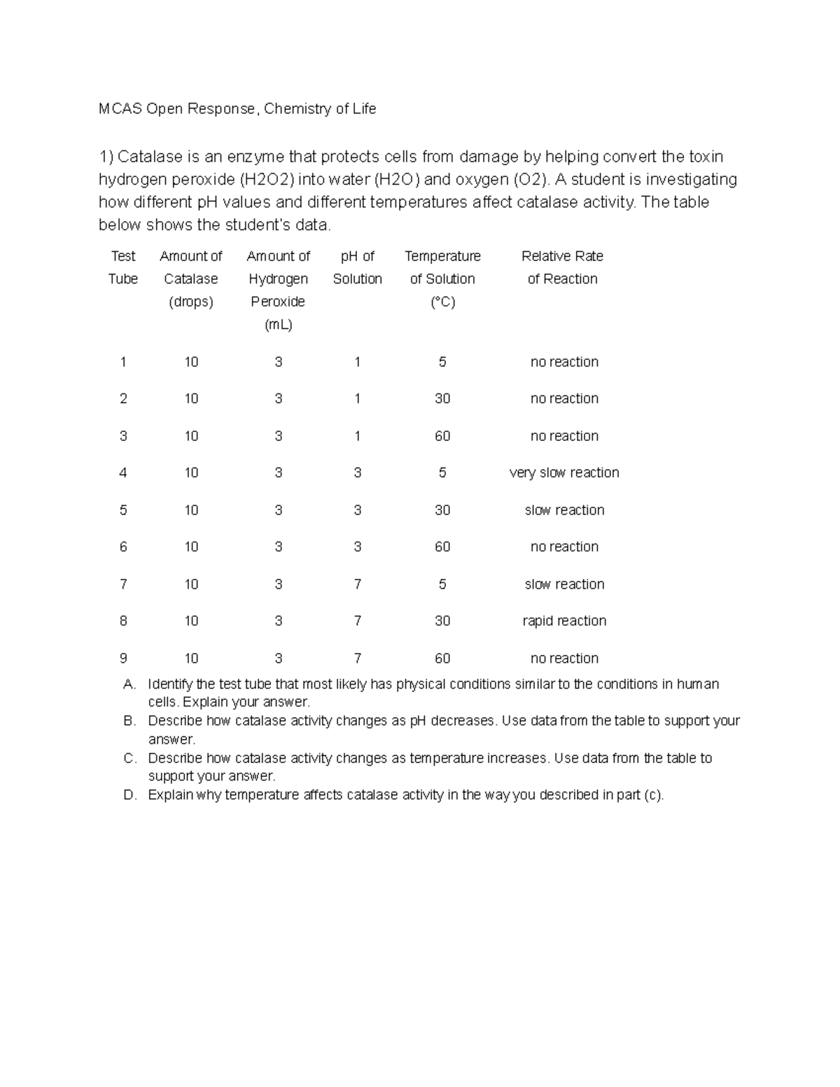 MCAS Open Response, Chemistry of Life - A student is investigating how ...