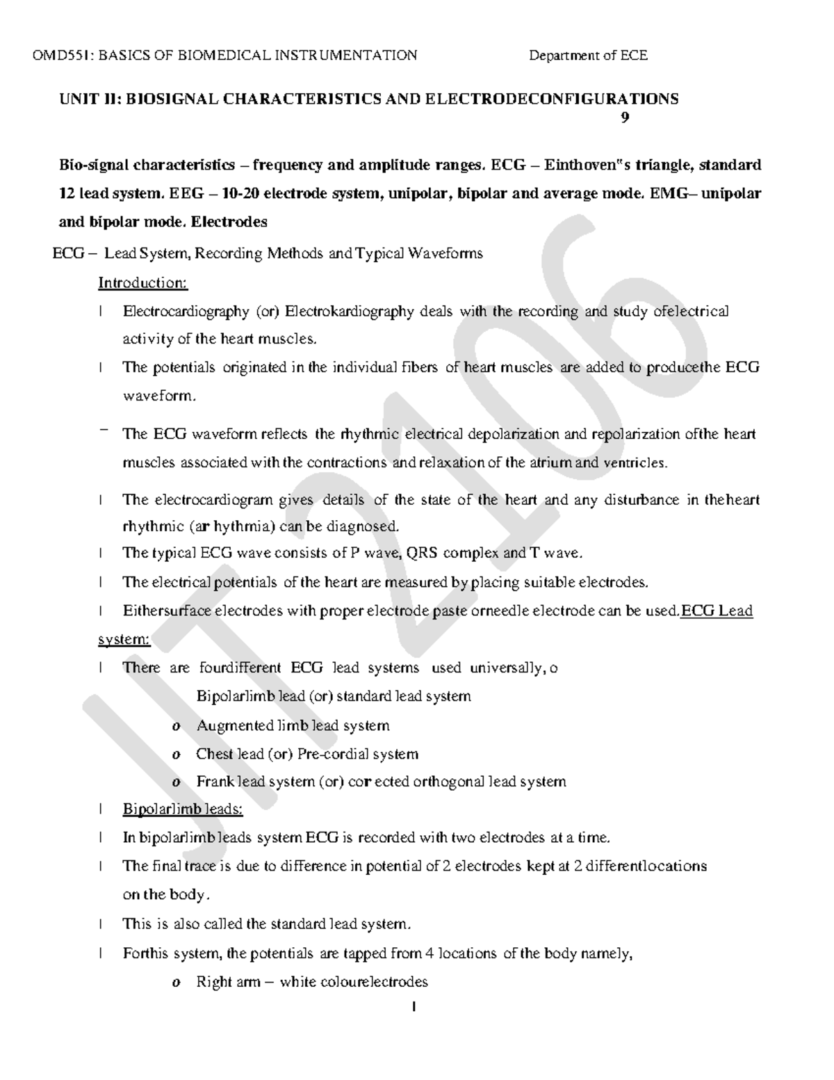 BMI UNIT 2 - UNIT II: BIOSIGNAL CHARACTERISTICS AND ...