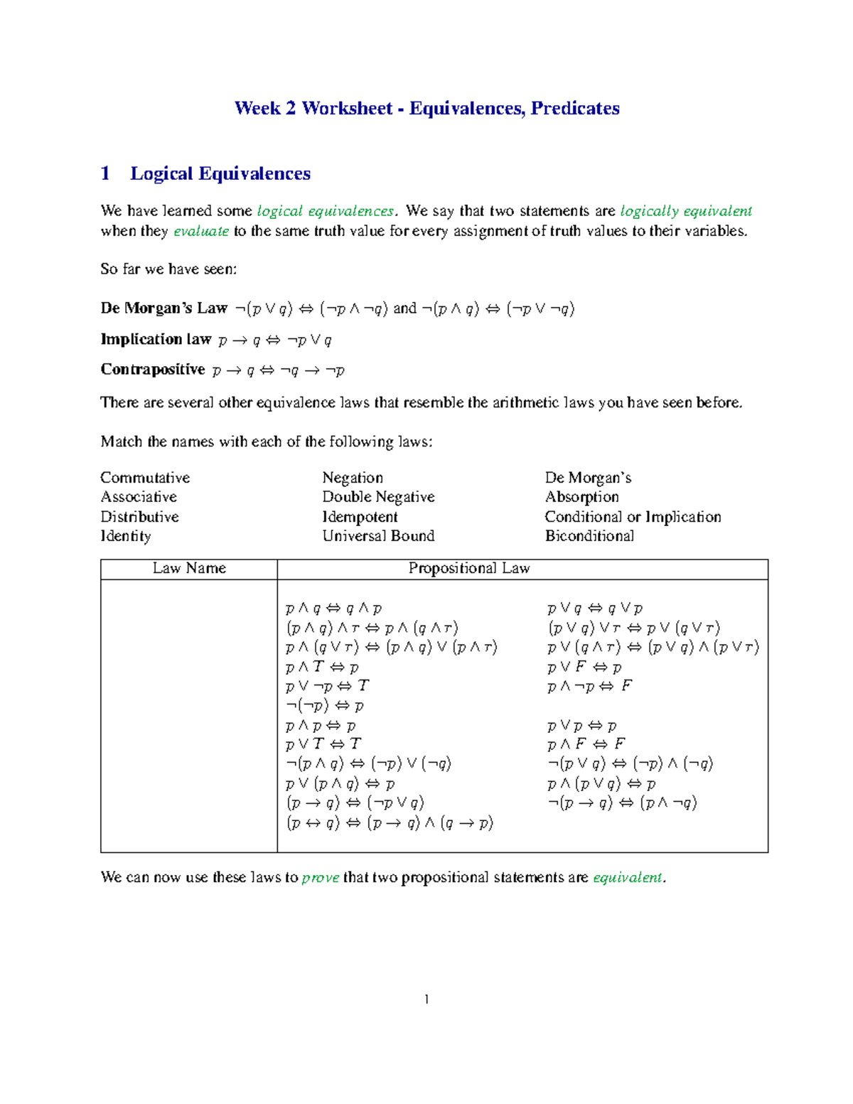 Worksheet equivalences - Week 2 Worksheet - Equivalences, Predicates 1 ...