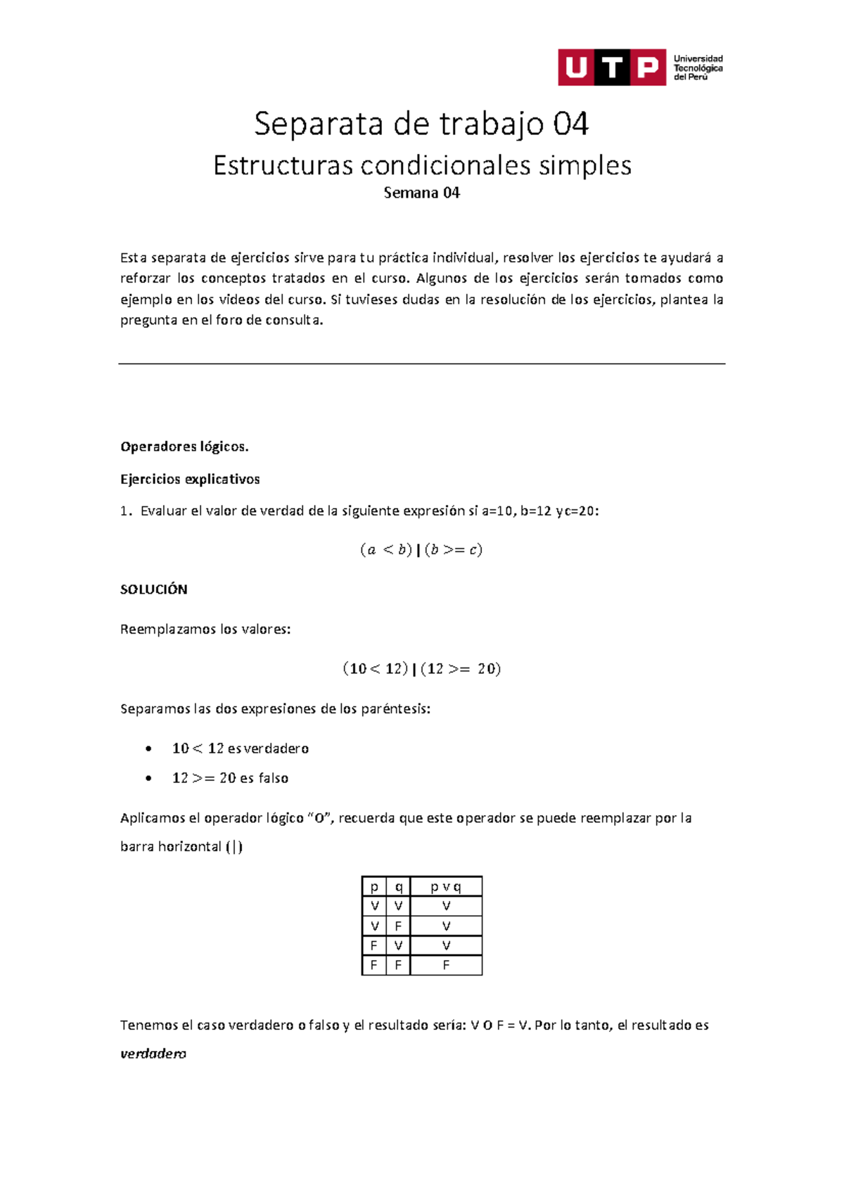 Separata 04 - Estructuras condicionales simples - Separata de trabajo 04 Estructuras ...