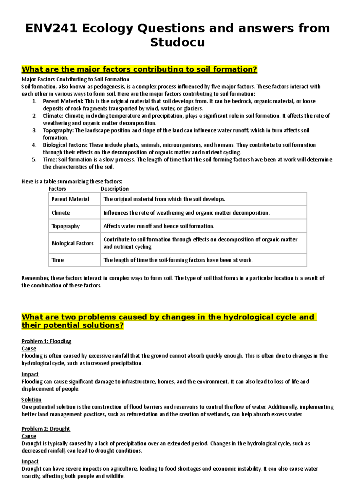 ENV241 Ecology important Questions and answers for exam - ENV241 ...