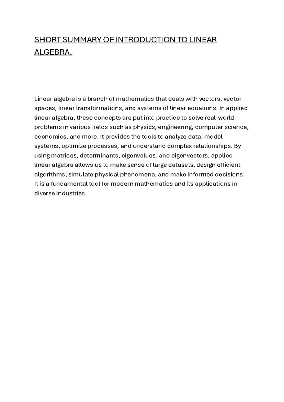 Short Summary OF Introduction TO Linear Algebra - SHORT SUMMARY OF ...