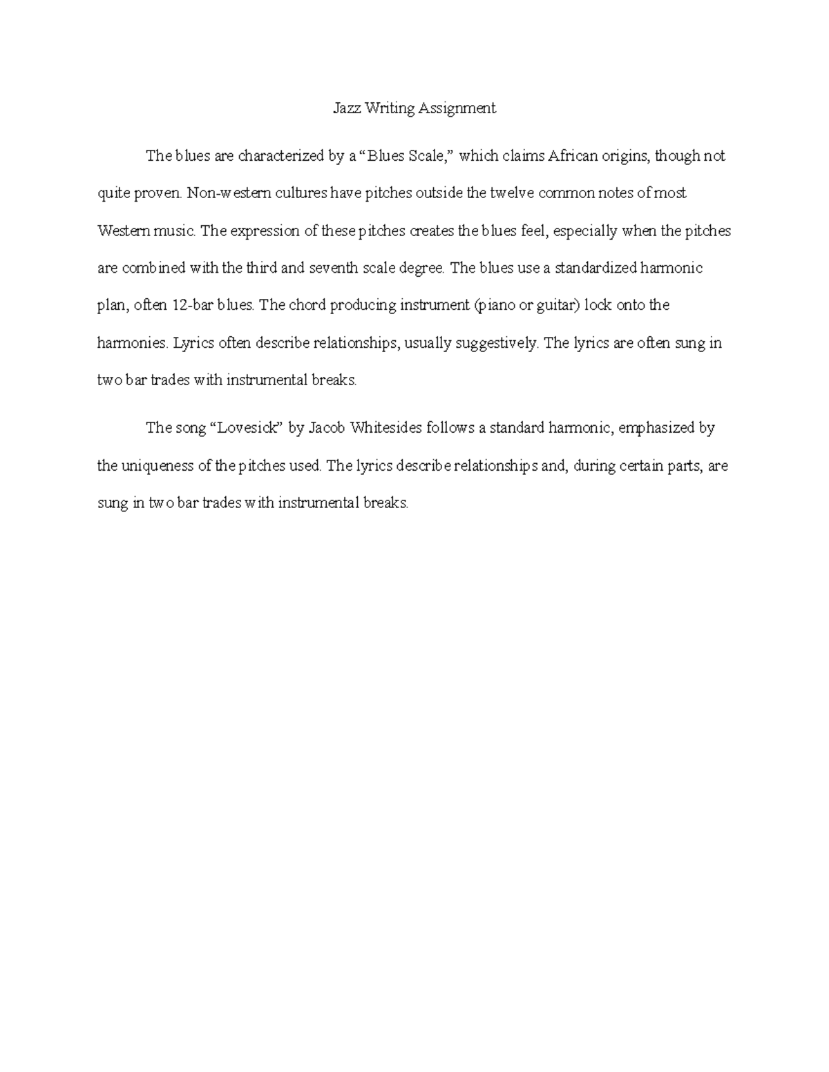 Jazz writing assignment - Jazz Writing Assignment The blues are ...