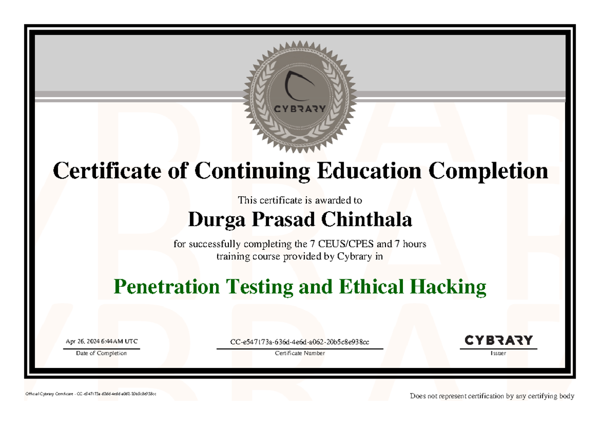 Cybrary cert ethical hacking - Certificate of Continuing Education Completion This certificate ...