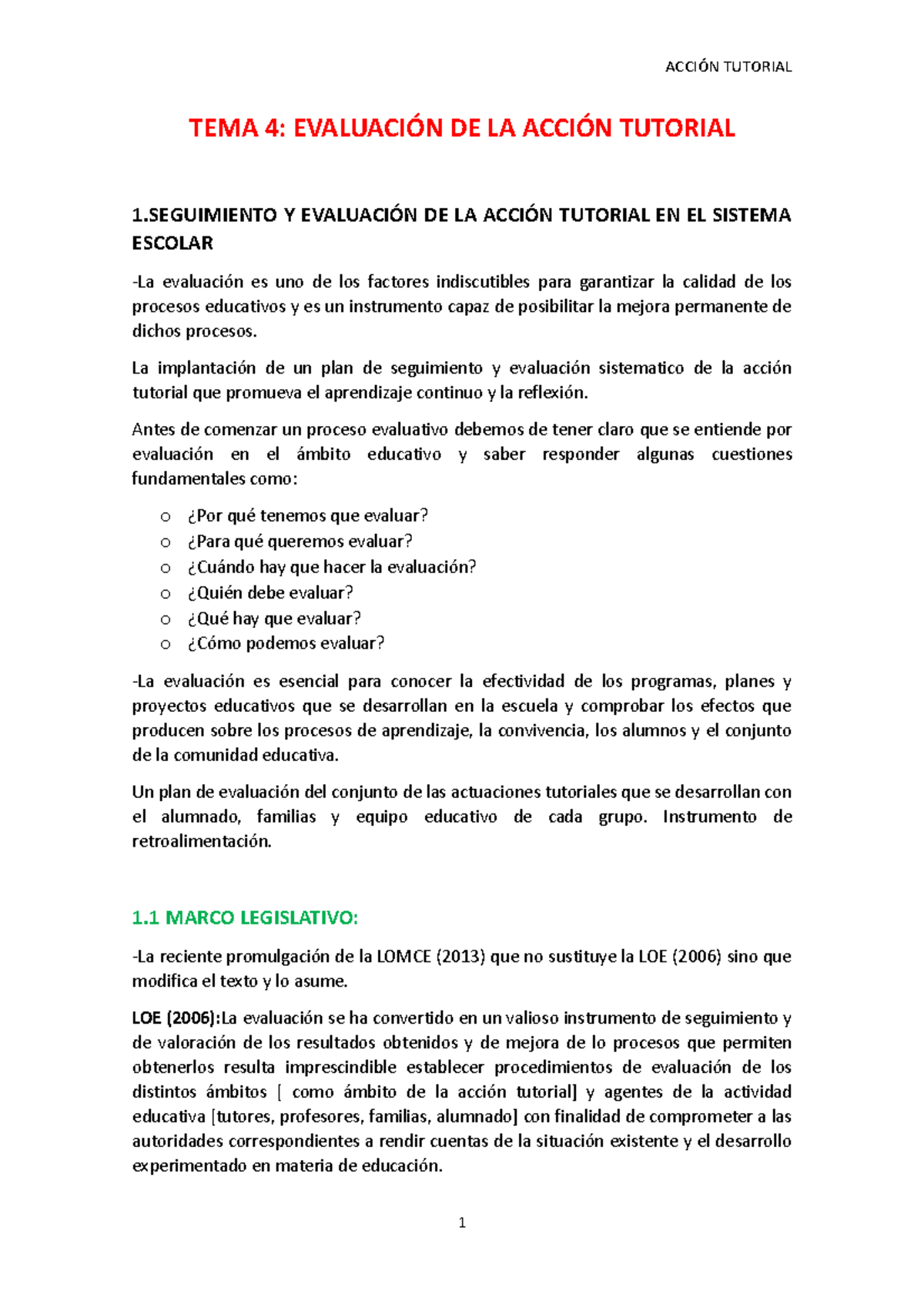 TEMA 4 - Ayuda para estudio - TEMA 4: EVALUACIÓN DE LA ACCIÓN TUTORIAL 1 Y EVALUACIÓN DE LA ...