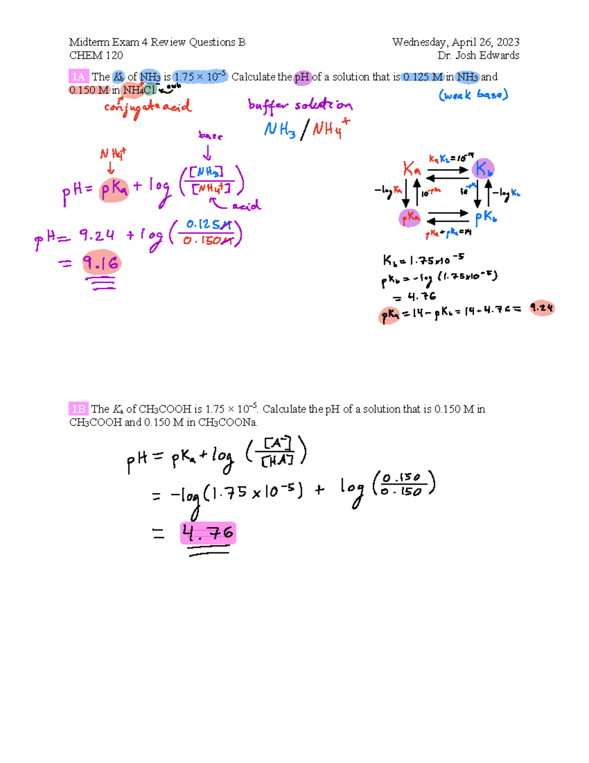 [Annotated] Midterm 4 Review Questions B (Tuesday, April 25, 2023) - CHEM 120 Dr. Josh Edwards ...