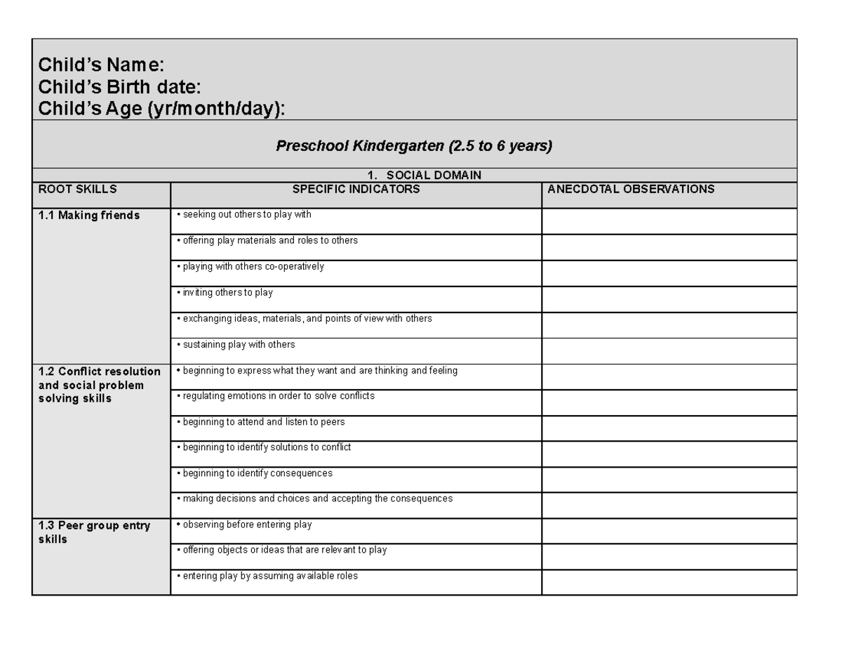 Blank elect charts —— Elect preschool - Child’s Name: Child’s Birth ...