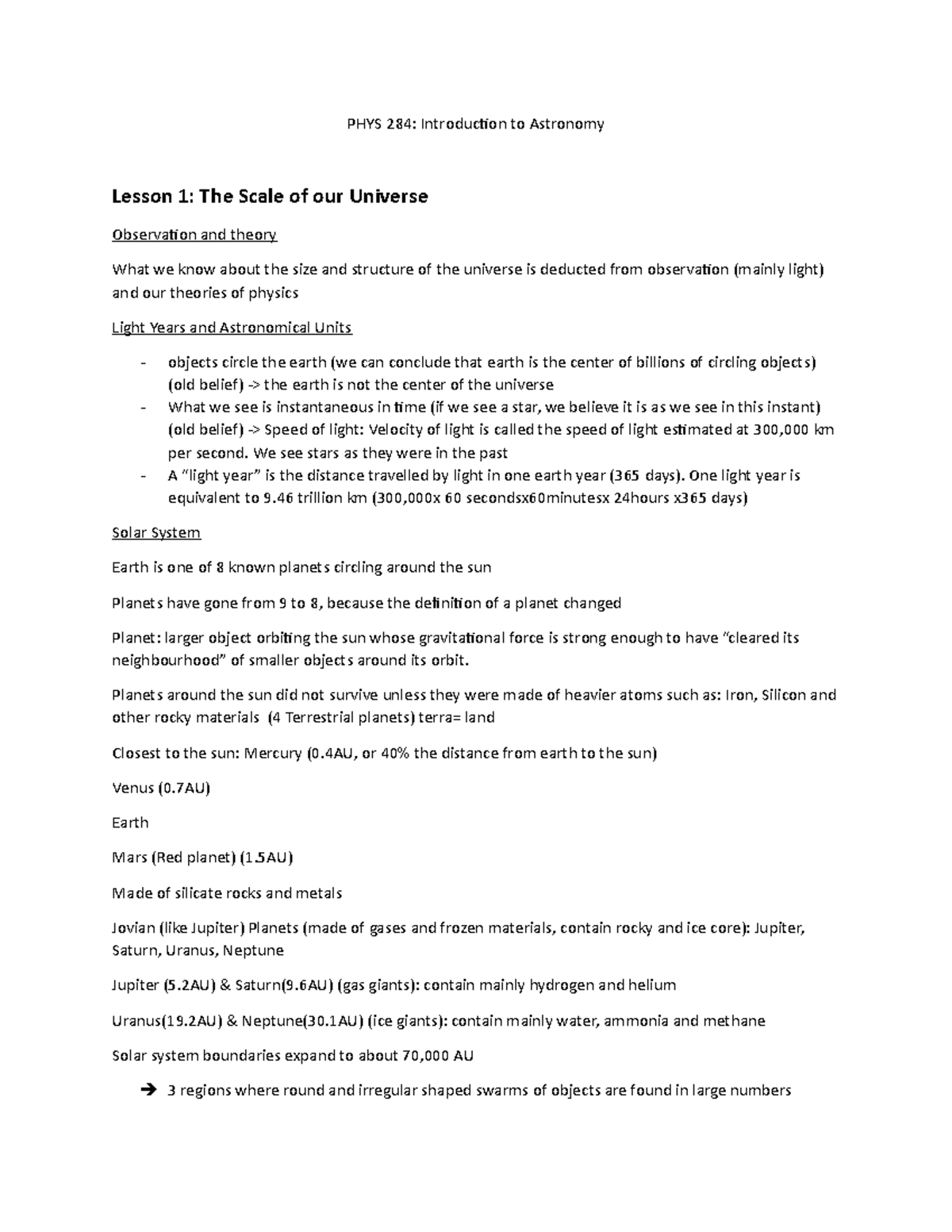 PHYS 284 Notes - PHYS 284: Introduction to Astronomy Lesson 1: The ...