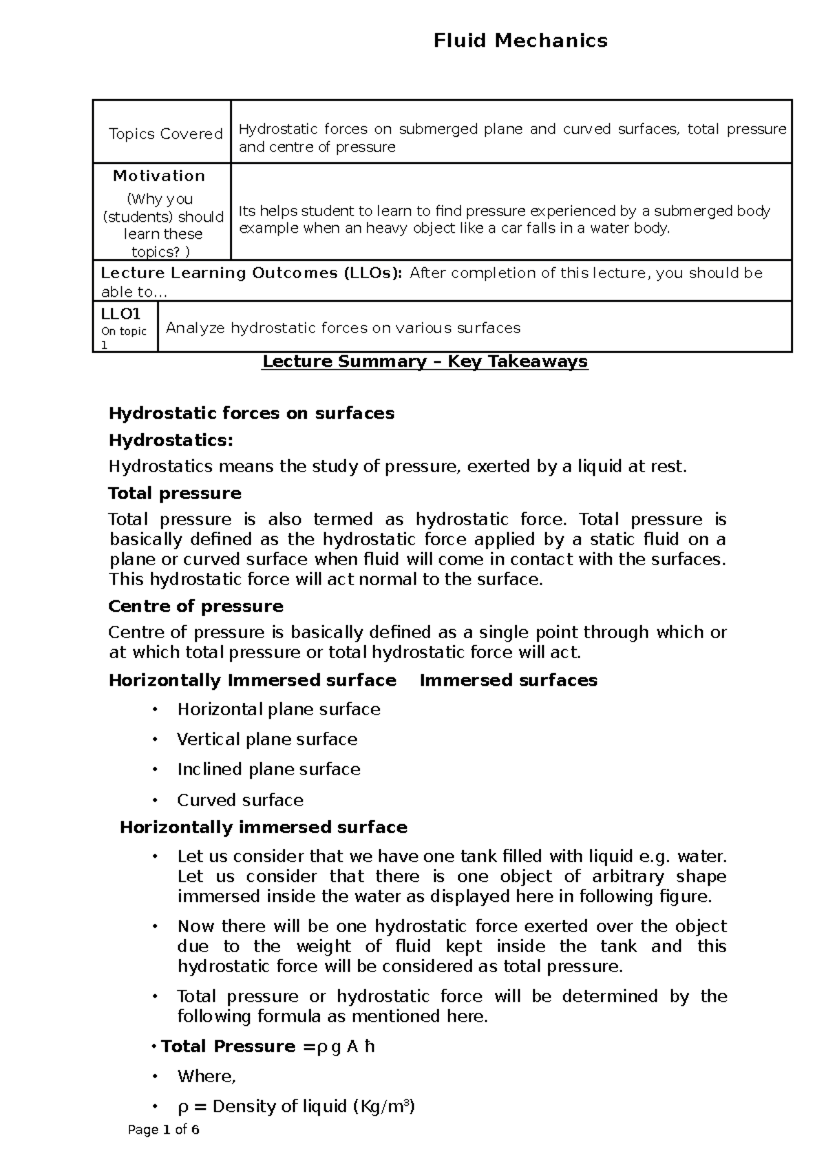 Total pressure and centre of pressure - Topics Covered Hydrostatic ...