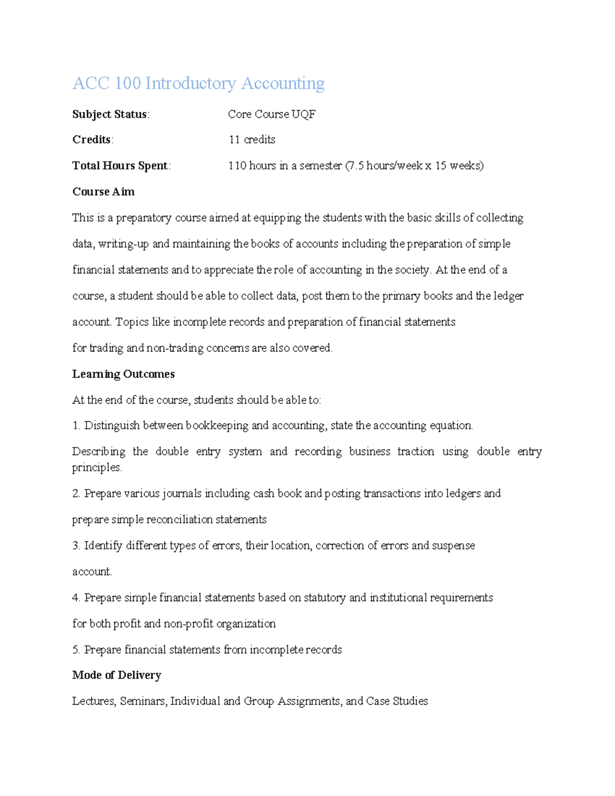 ACC 100 Introductory Accounting-Cource outline - ACC 100 Introductory ...