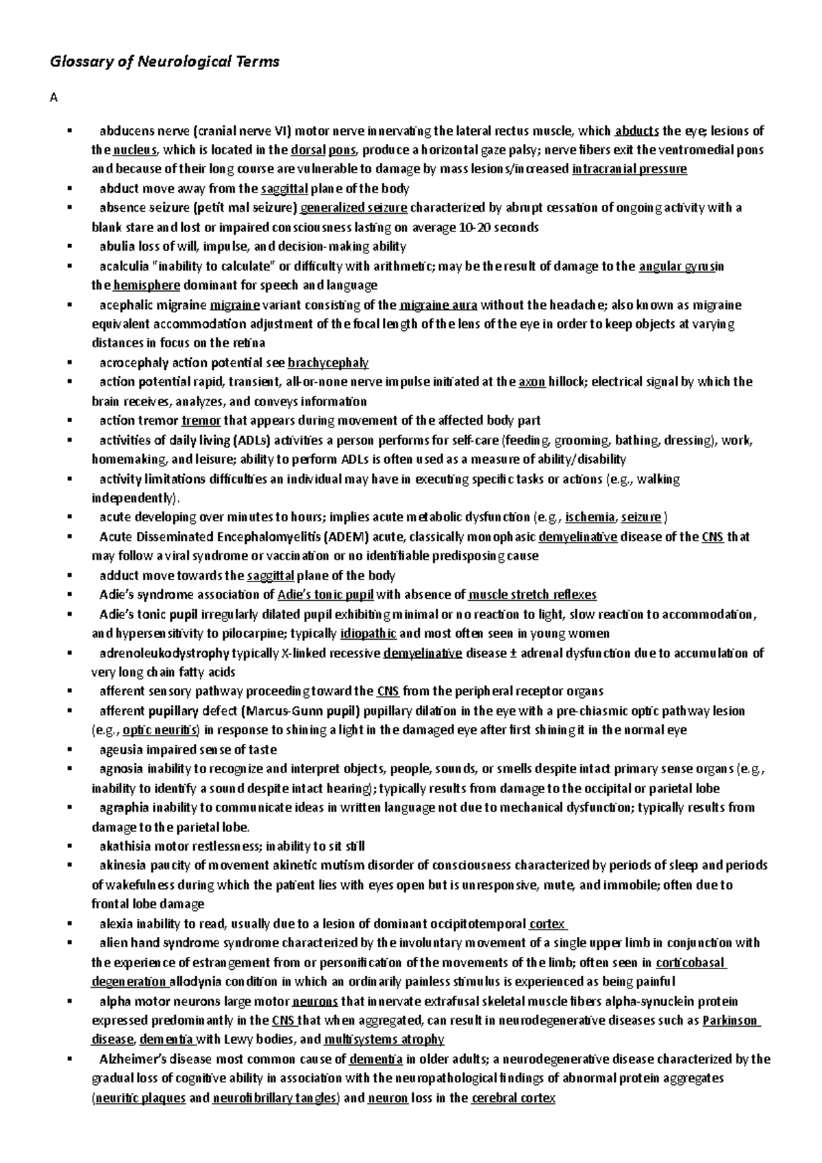 Glossary of Neurological Terms - , walking independently). acute ...