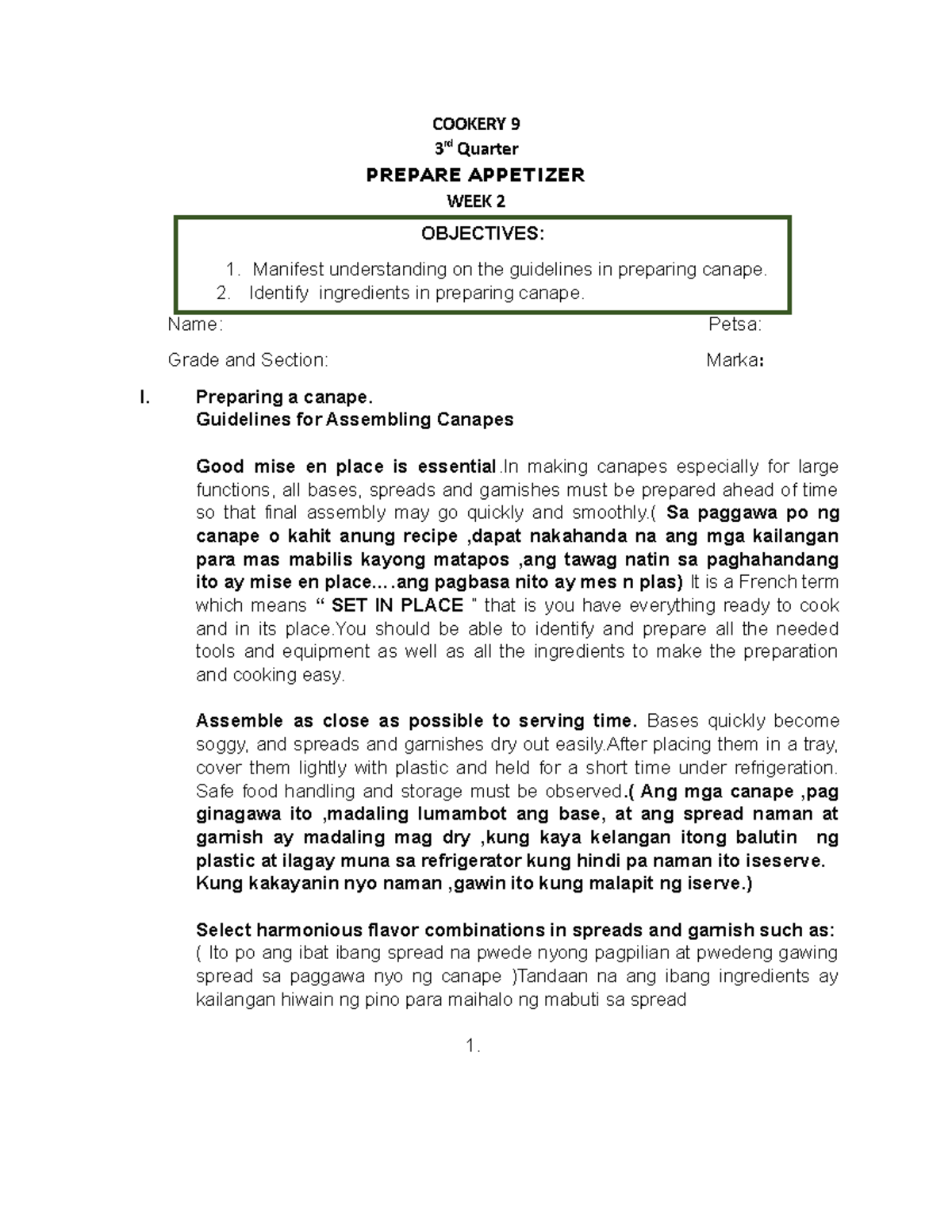 Cookery 9 week 2 worksheet - COOKERY 9 3 rd Quarter PREPARE APPETIZER ...