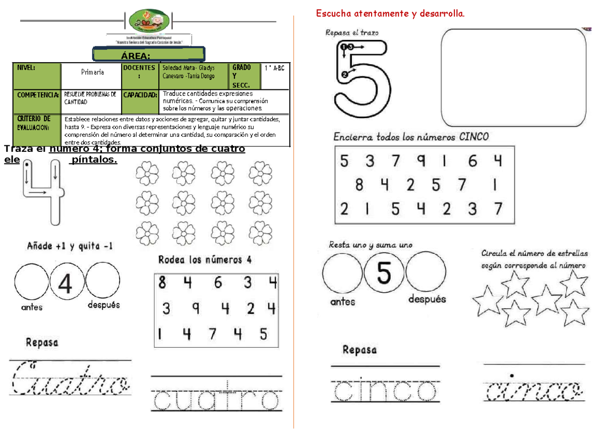 Actividad 10 Numeros 4 y 5 - ÁREA: MATEMÁTI CA Traza el numero 4; forma ...