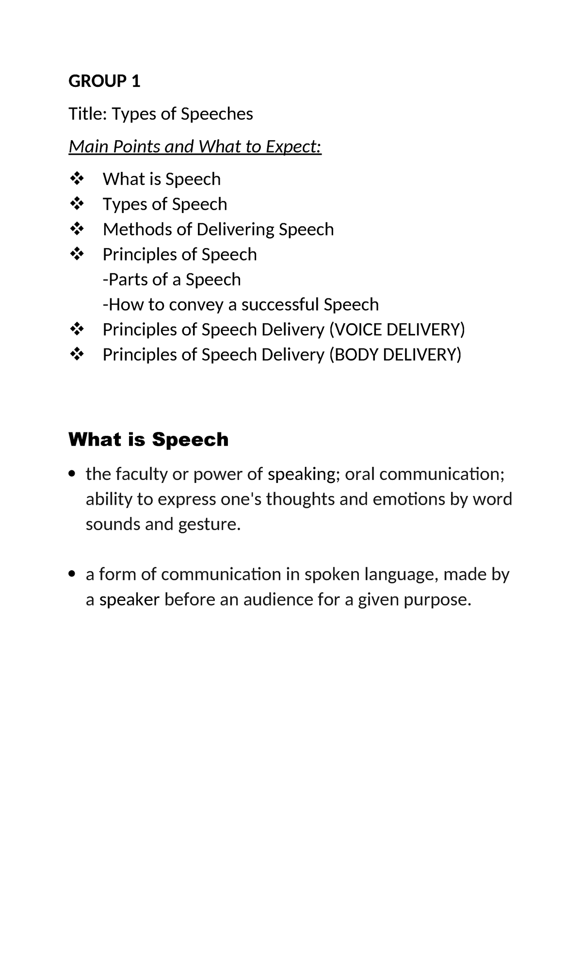 Group 1- Types of Speech - GROUP 1 Title: Types of Speeches Main Points ...