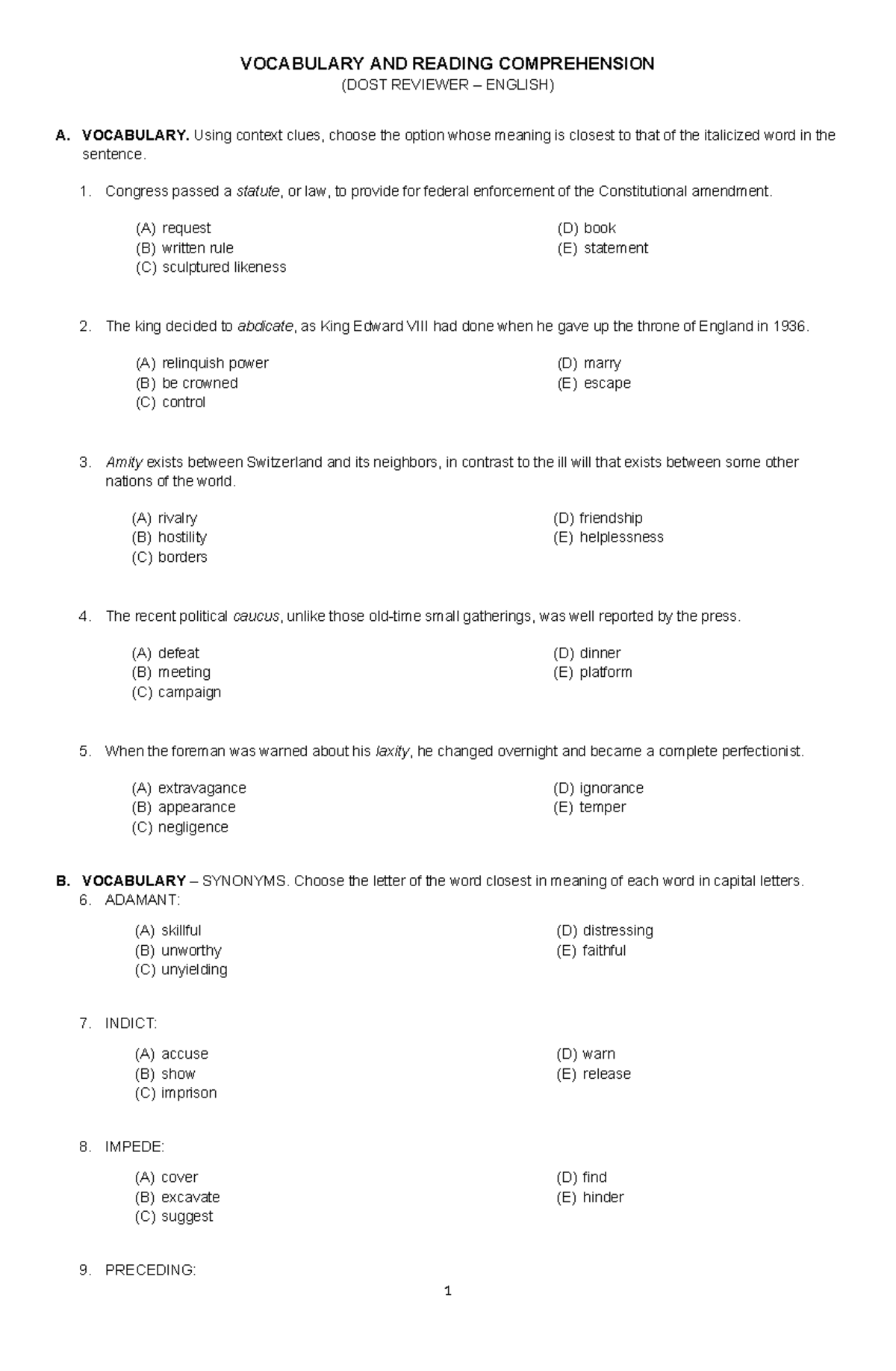 DOST- Reviewer- English - VOCABULARY AND READING COMPREHENSION (DOST ...