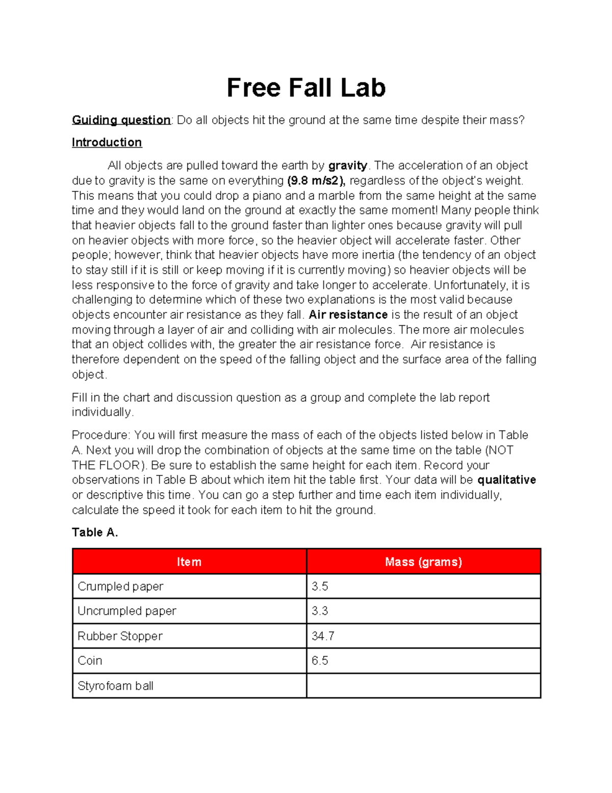 Copy of Free Fall Lab - physical scxioence - Free Fall Lab Guiding ...