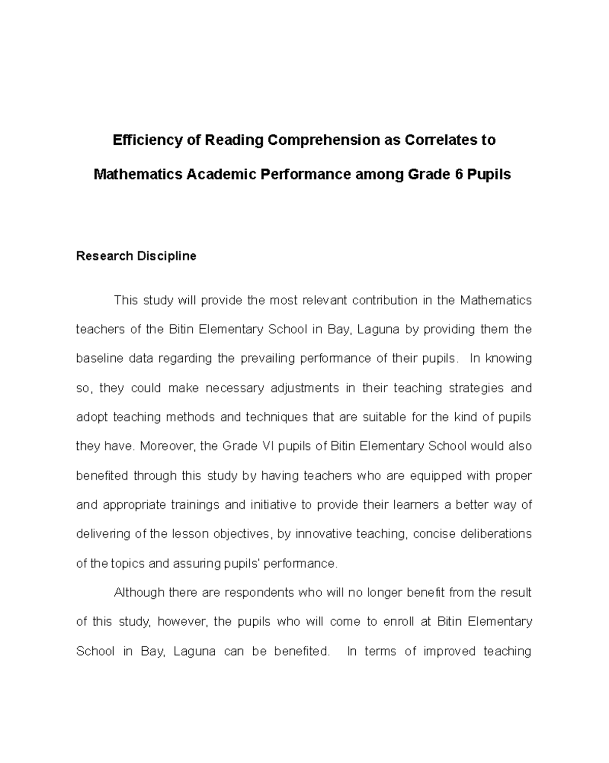 Efficiency of Reading Comprehension as Correlates to Mathematics ...