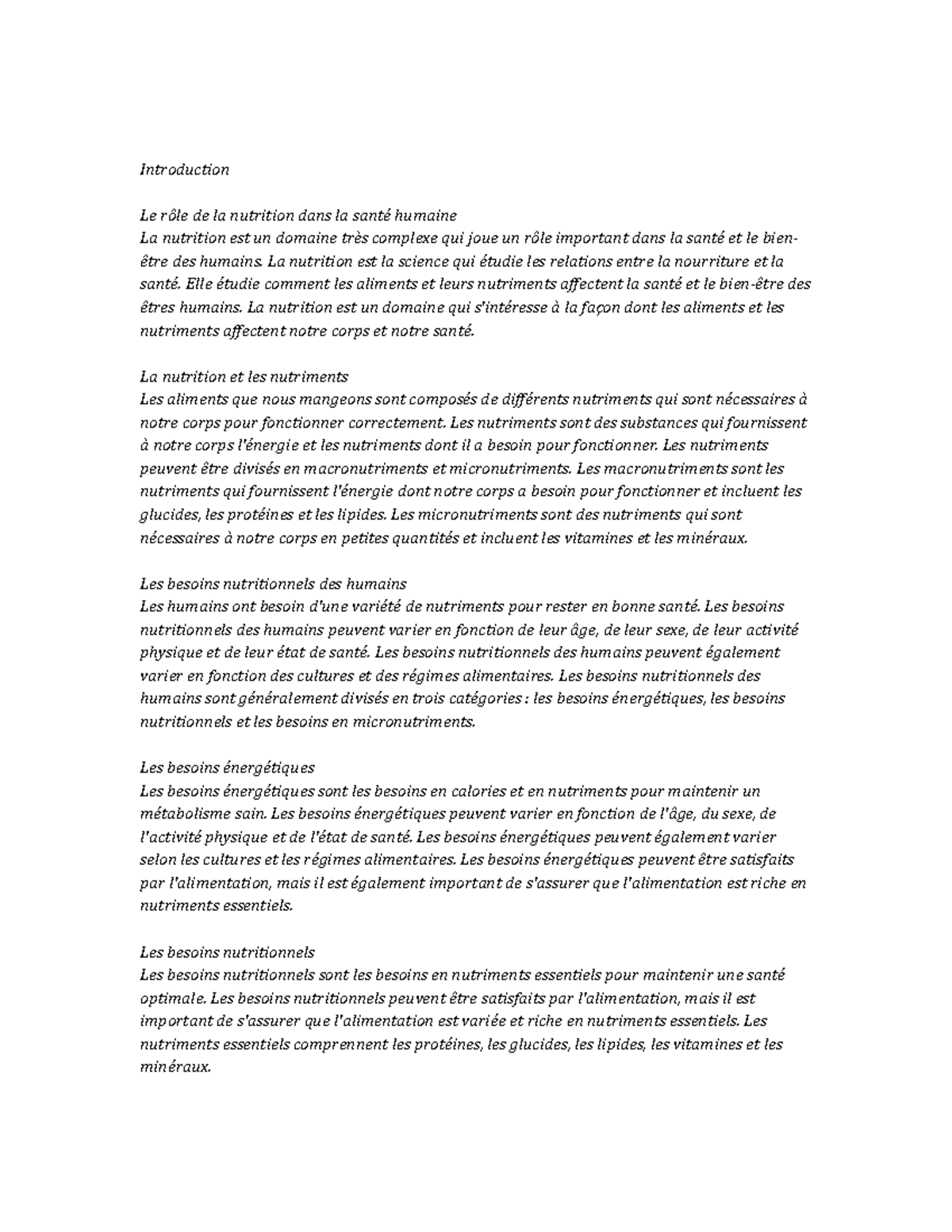 Nutritional Science Study Notes - Introduction Le rôle de la nutrition ...
