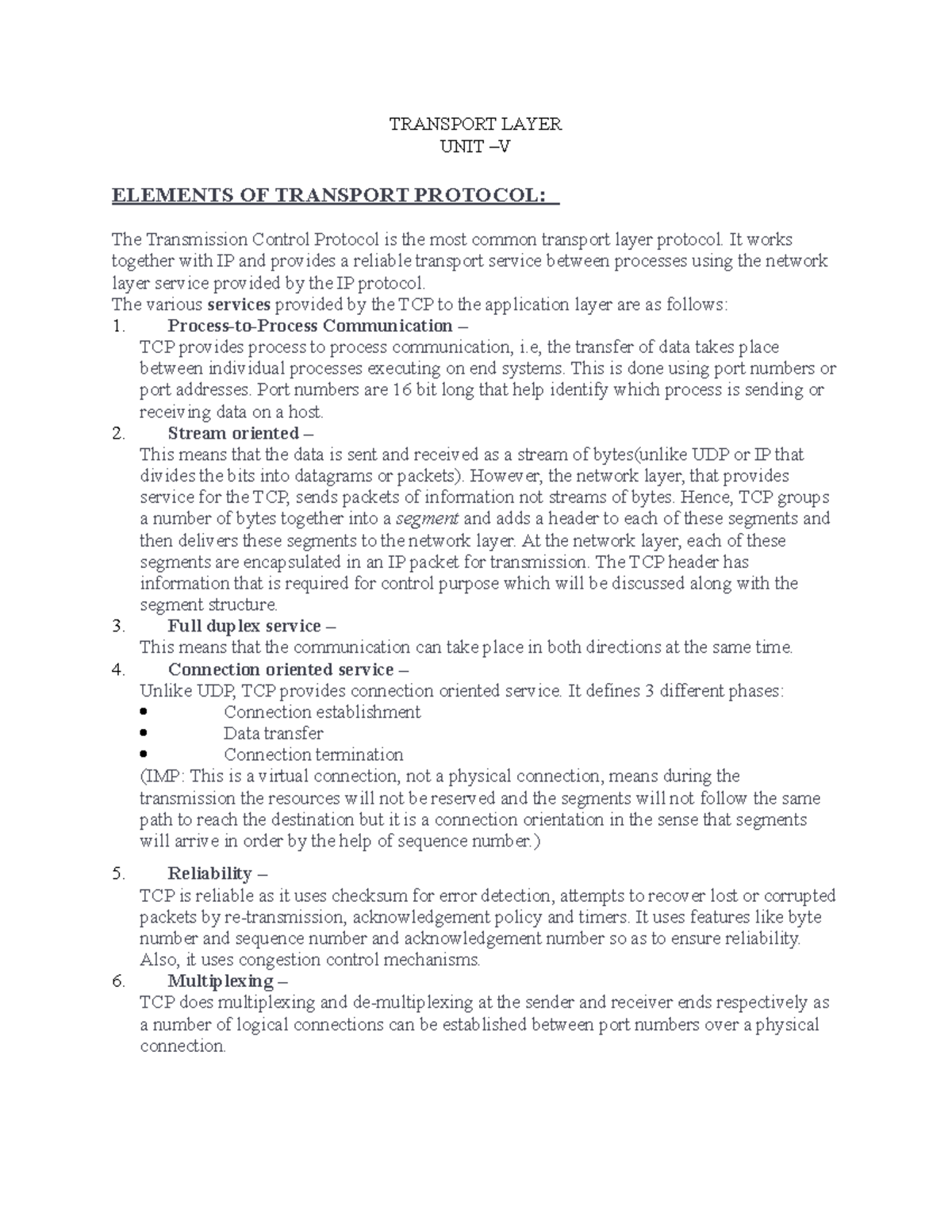Transport Layer Computer Networks Transport Layer Unit V Elements Of Transport Protocol