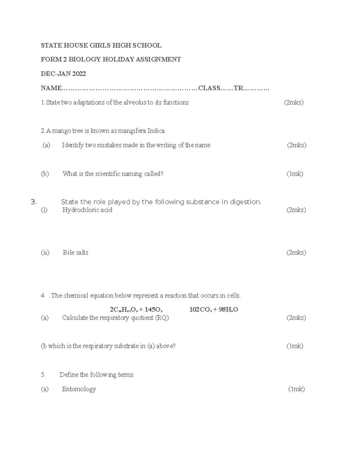 Biology F2 Holiday Assignent - STATE HOUSE GIRLS HIGH SCHOOL FORM 2 ...