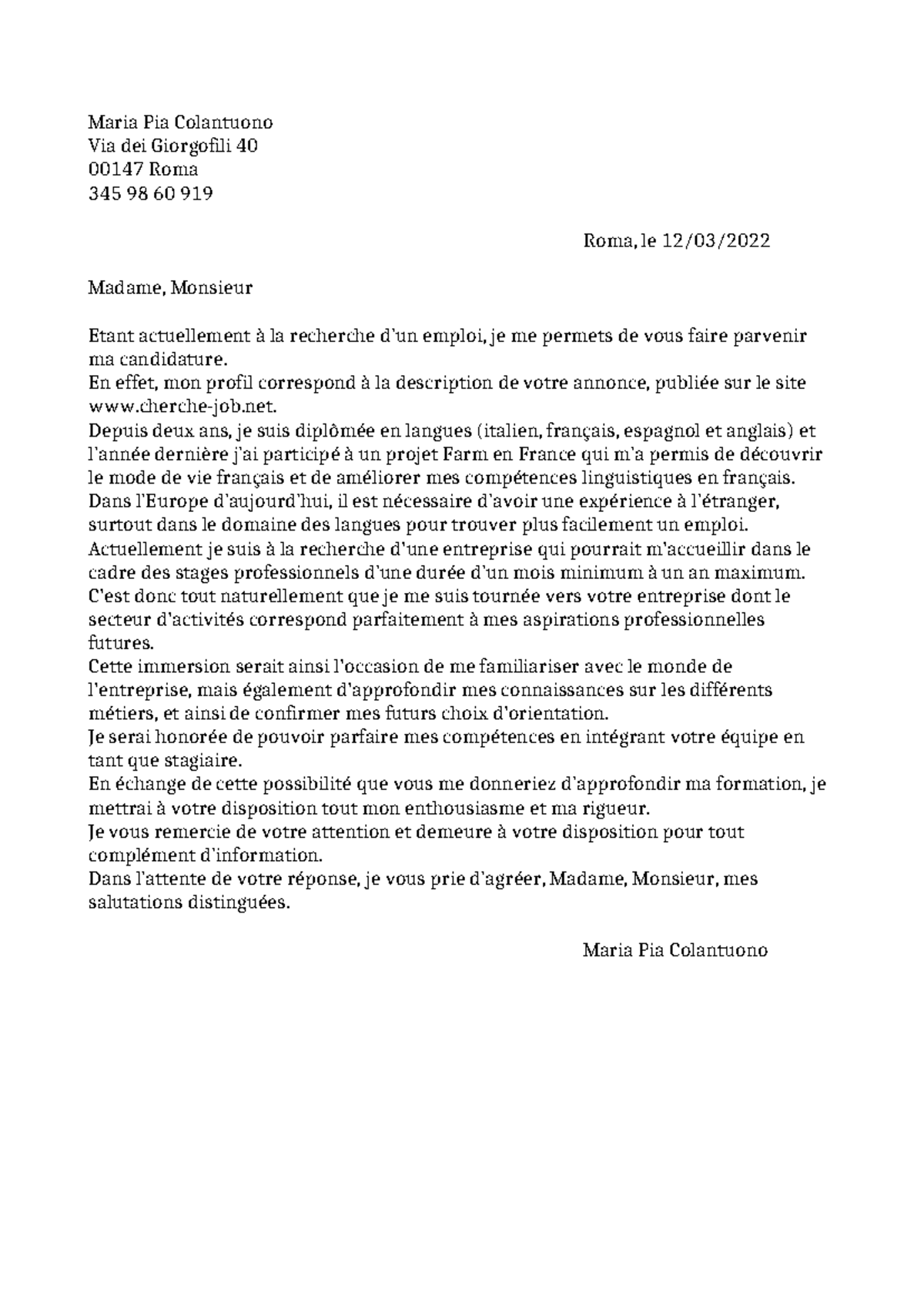 Lettre de candidature - Esempi svolti - Maria Pia Colantuono Via dei ...