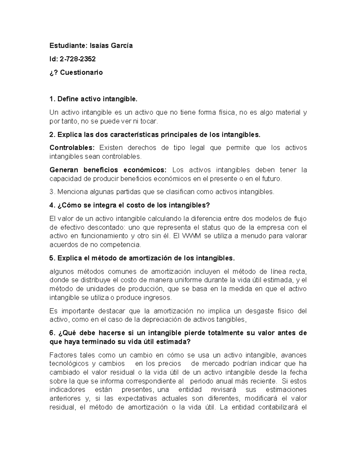 Taller #9 Activos Intangibles - Estudiante: Isaías García Id: 2-728 ...
