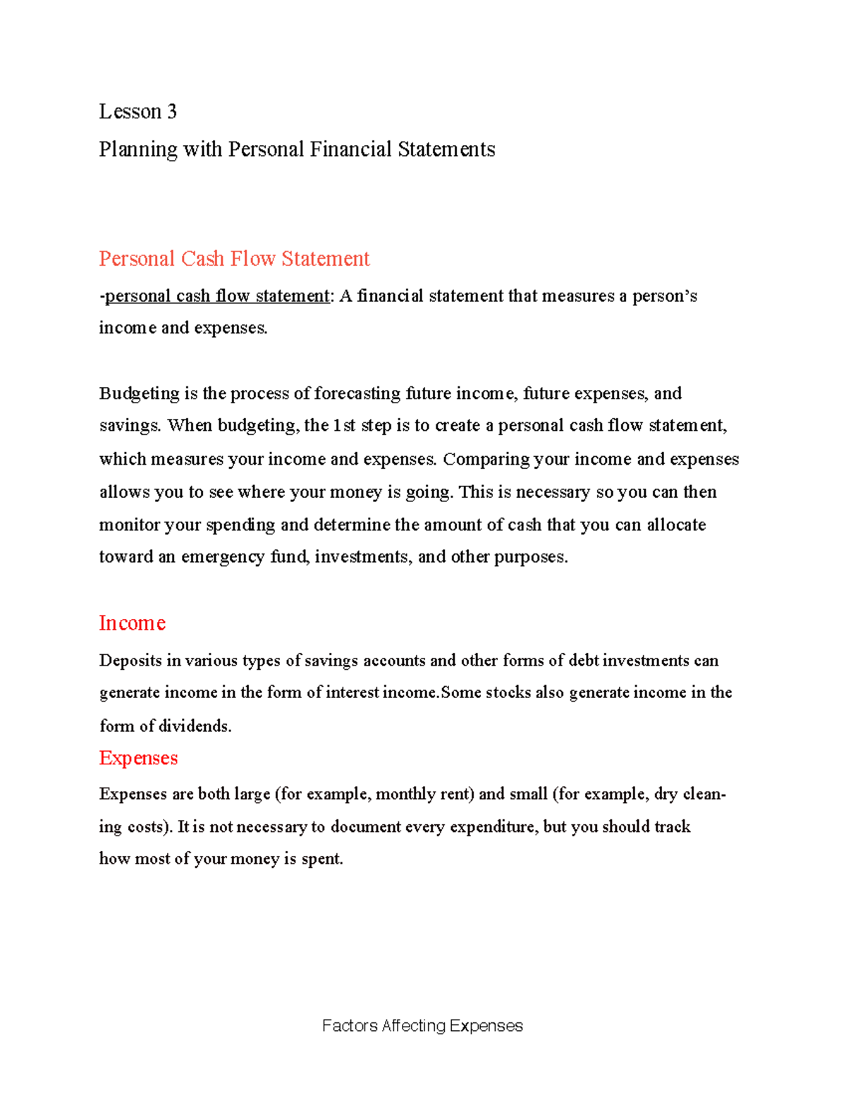 Lesson 3-planning with personal financial statements - Lesson 3 ...