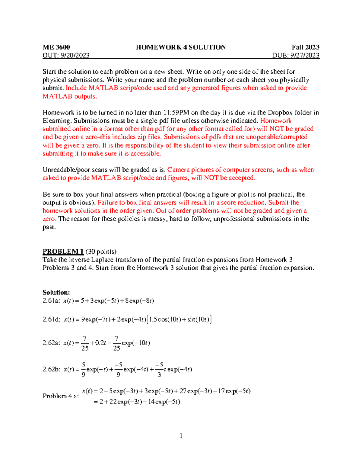 ME3600 Homework 04 Solution - ME 3600 HOMEWORK 4 SOLUTION Fall 2023 OUT ...