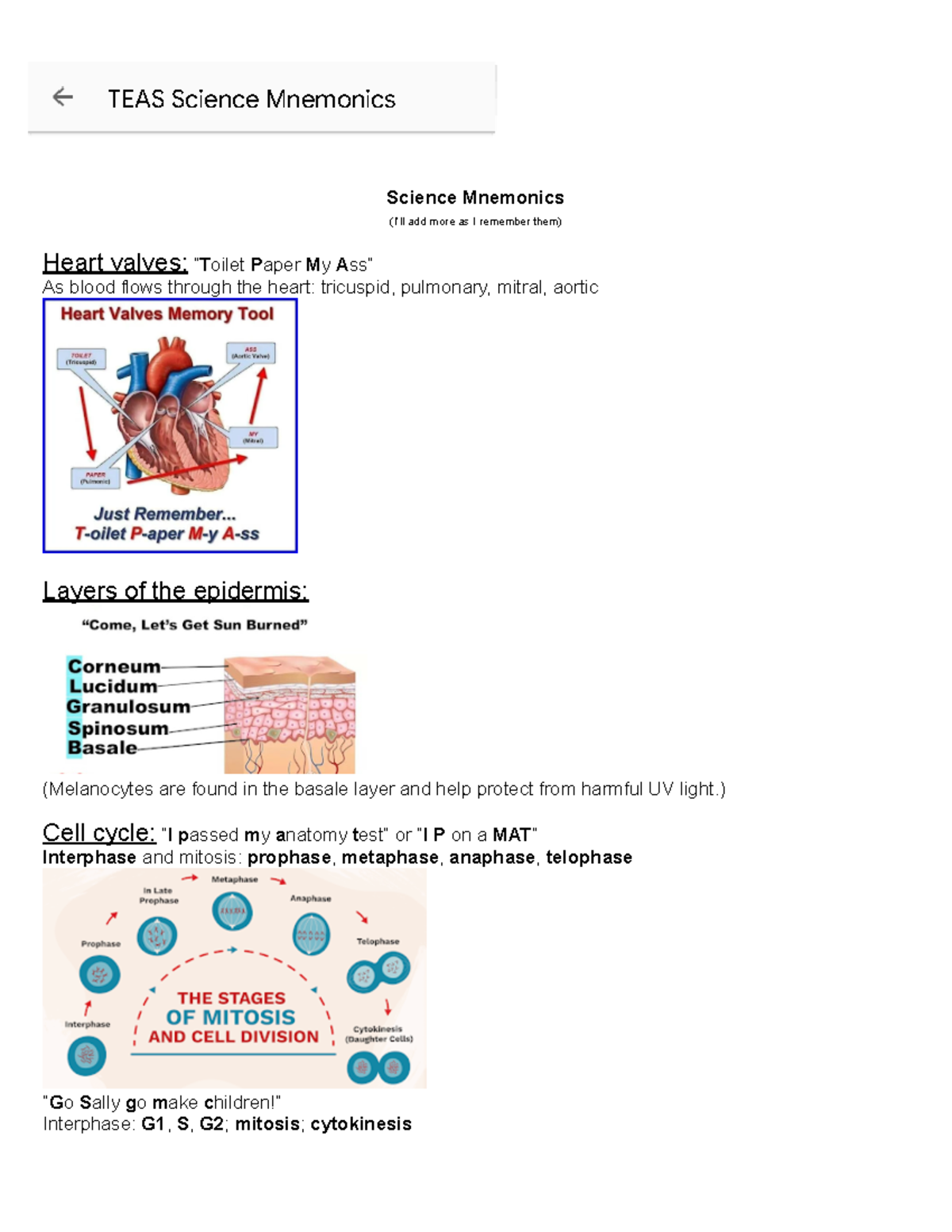 TEAS Science Mnemonics - Science Mnemonics (I’ll add more as I remember ...