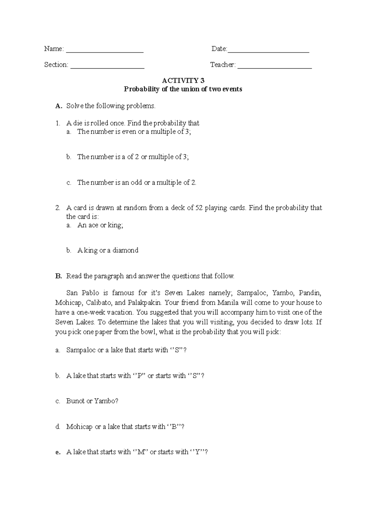 Activtiy 3 (Probability of union of two events) - Name ...