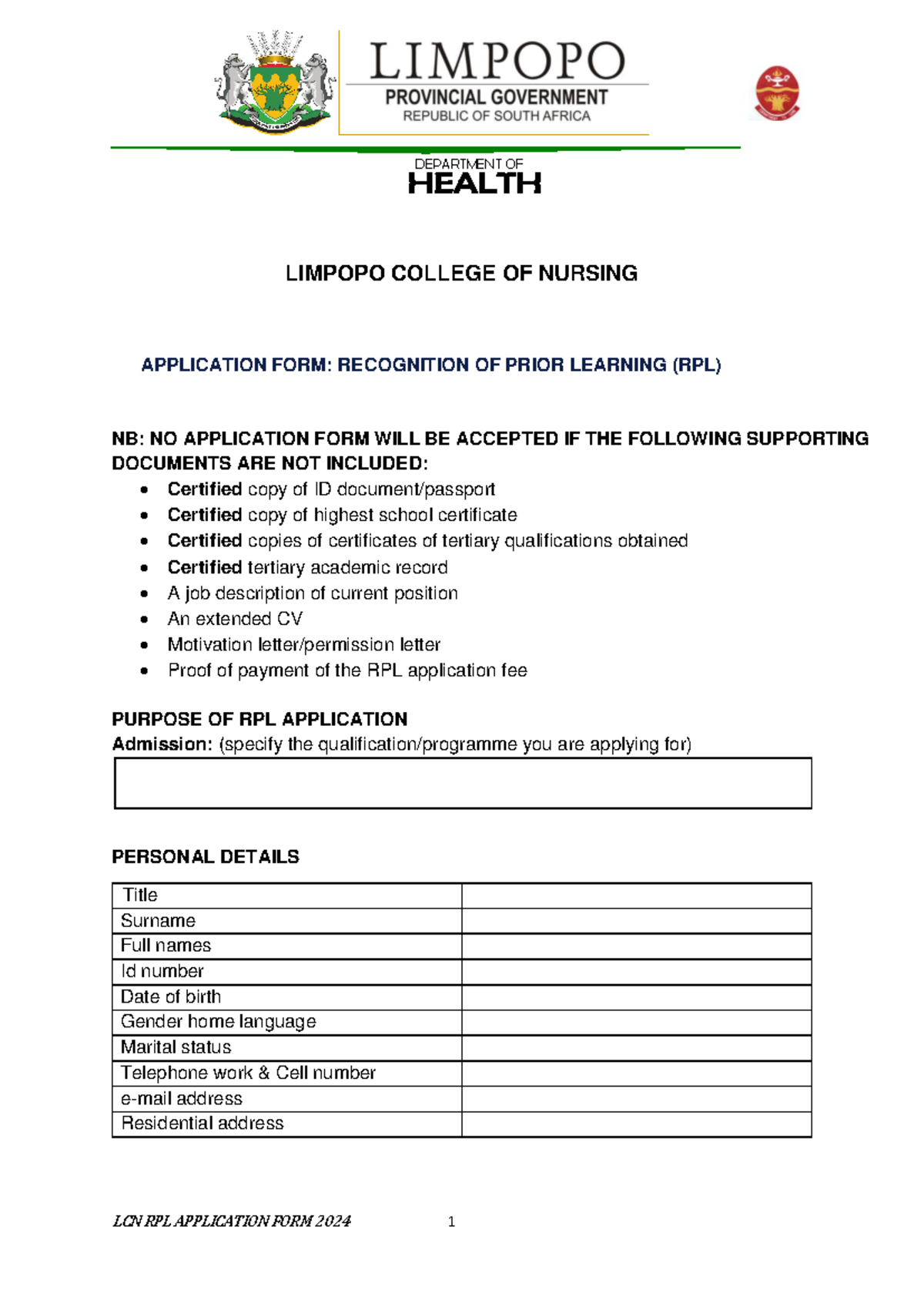 LCN RPL Application FORM 2024231024 - DEPARTMENT OF LIMPOPO COLLEGE OF ...