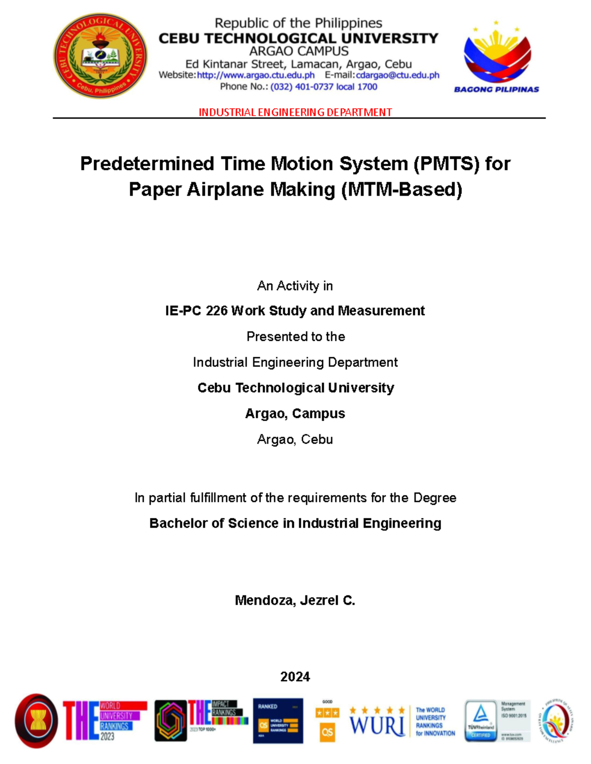 Eroplano - INDUSTRIAL ENGINEERING DEPARTMENT Predetermined Time Motion ...