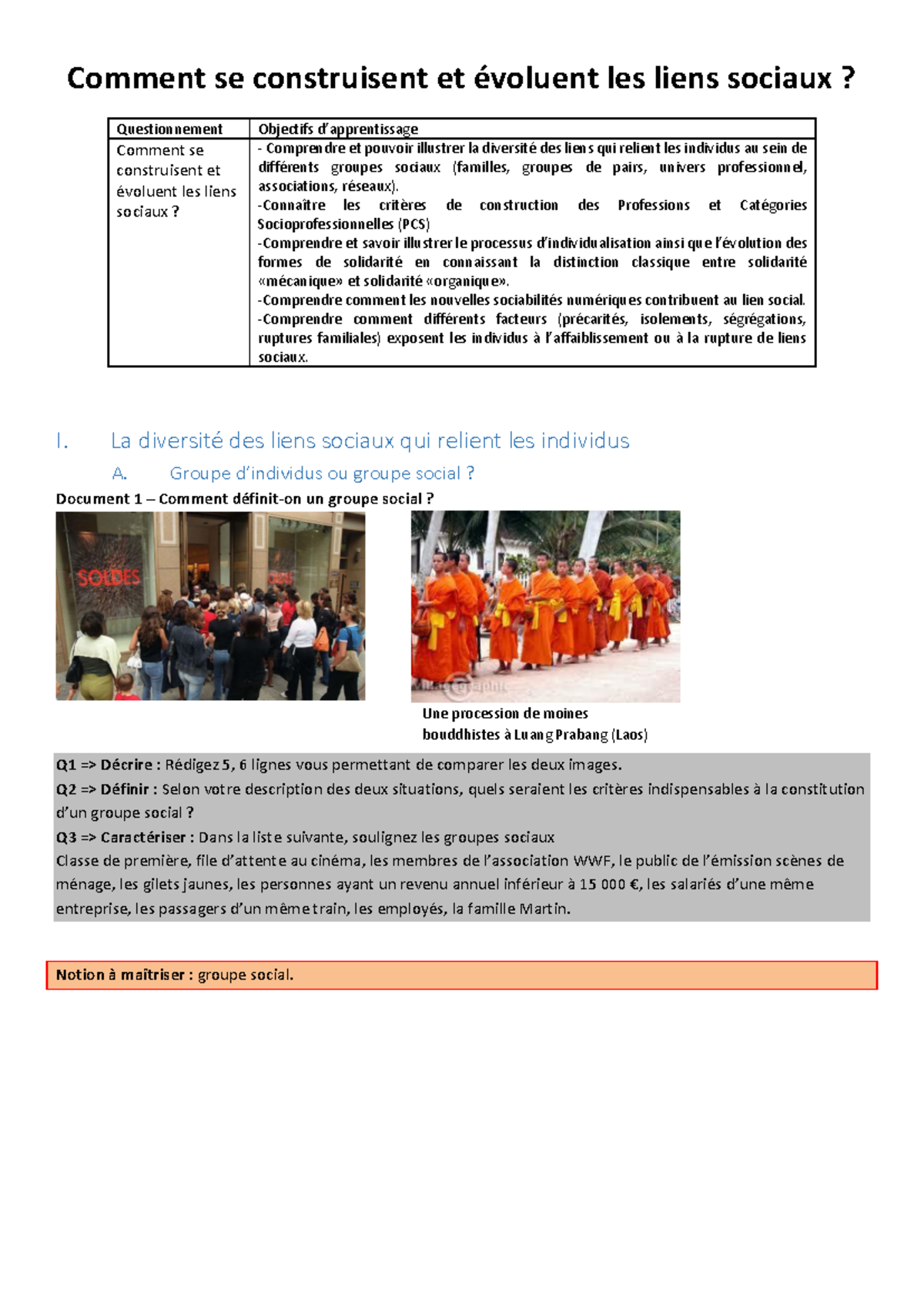 Liens sociaux 2 - Docs - Comment se construisent et évoluent les liens sociaux? Questionnement ...