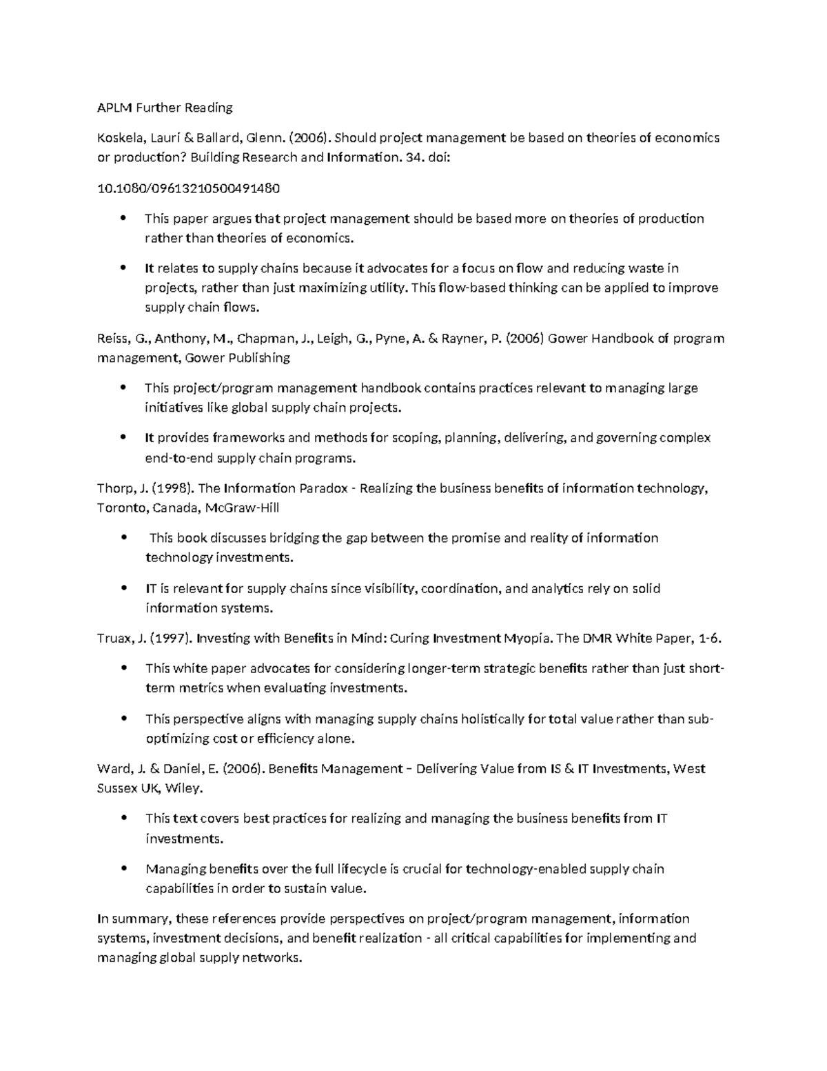 APLM readings - APLM supply chain - APLM Further Reading Koskela, Lauri ...