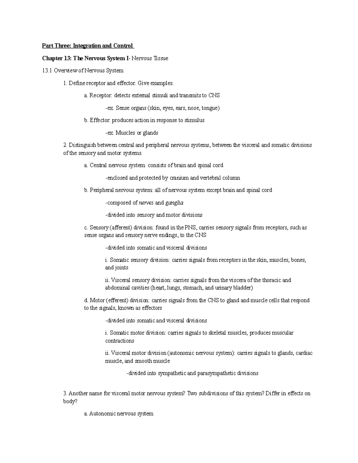 ANA 209 Exam 3 Study Guide - Part Three: Integration and Control ...