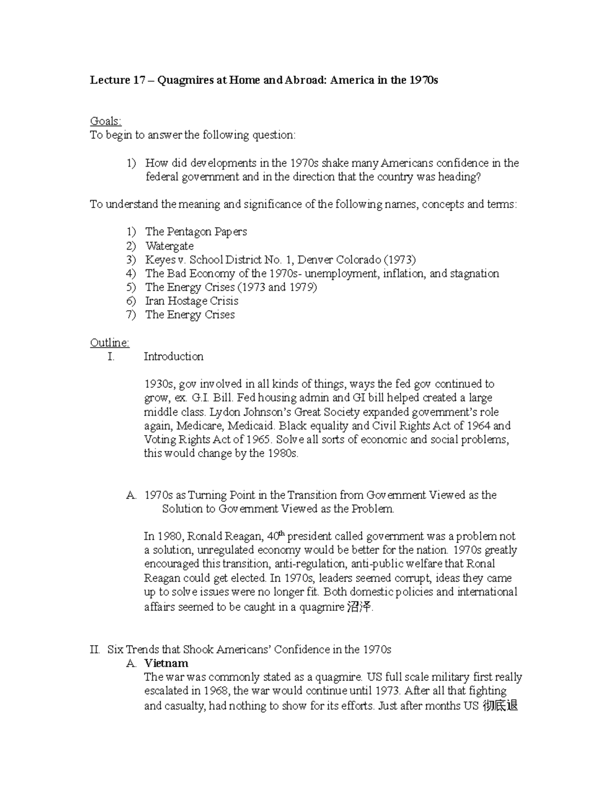 Lecture 17 1970s notes - Lecture 17 – Quagmires at Home and Abroad ...