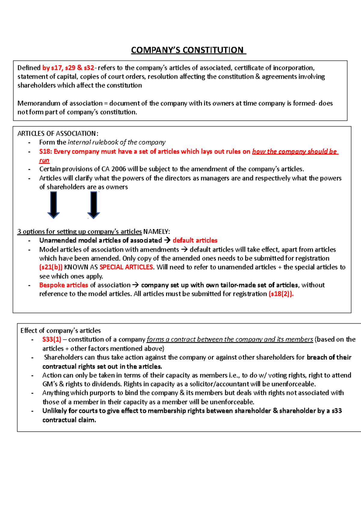 Company constiution notes - COMPANY’S CONSTITUTION Defined by s17, s29 ...