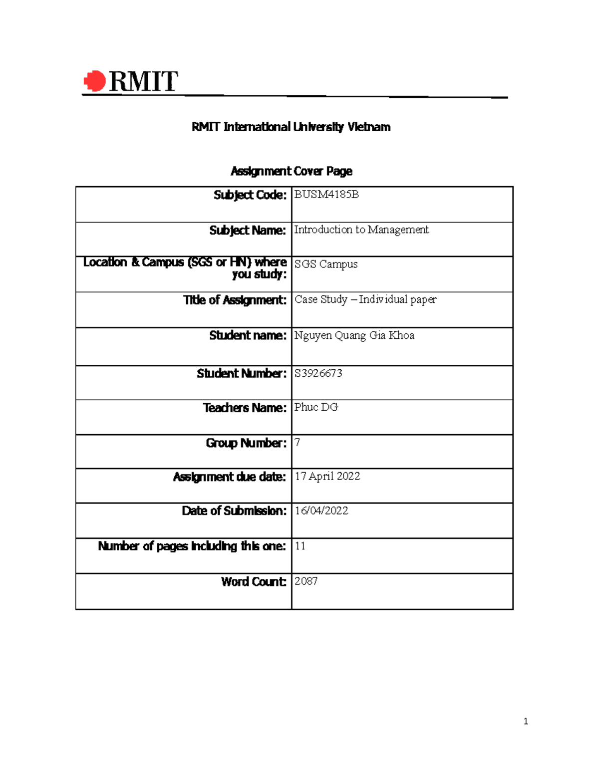 SGS Group 7 Nguyen Quang Gia Khoa S3926673 - RMIT International University Vietnam Assignment ...