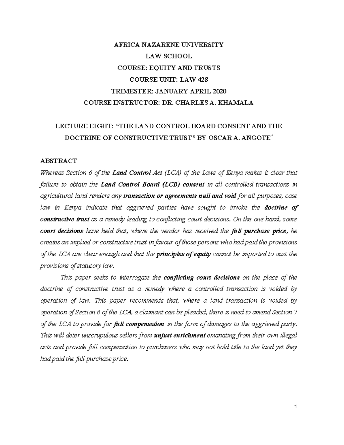 Lecture 8 LAND Control Board Consents AND Constructive Trusts - AFRICA ...