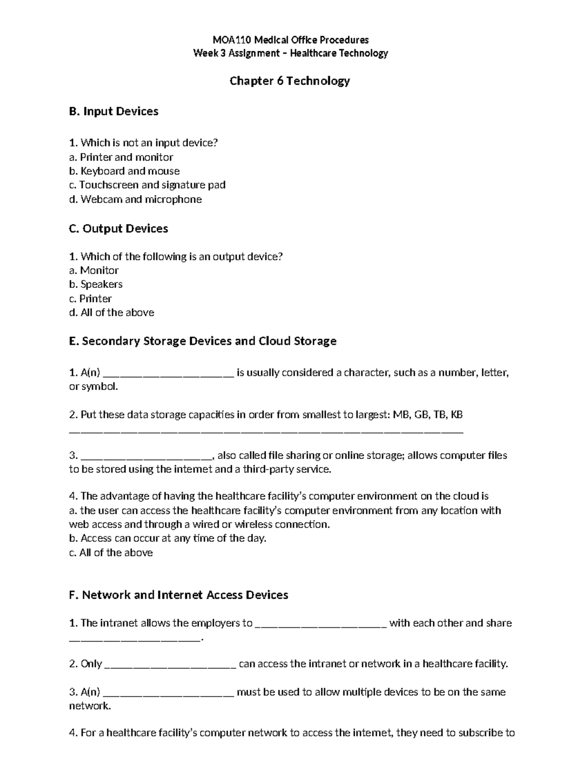 Week 3 Assignment Worksheet 15e - Week 3 Assignment – Healthcare Technology Chapter 6 Technology ...