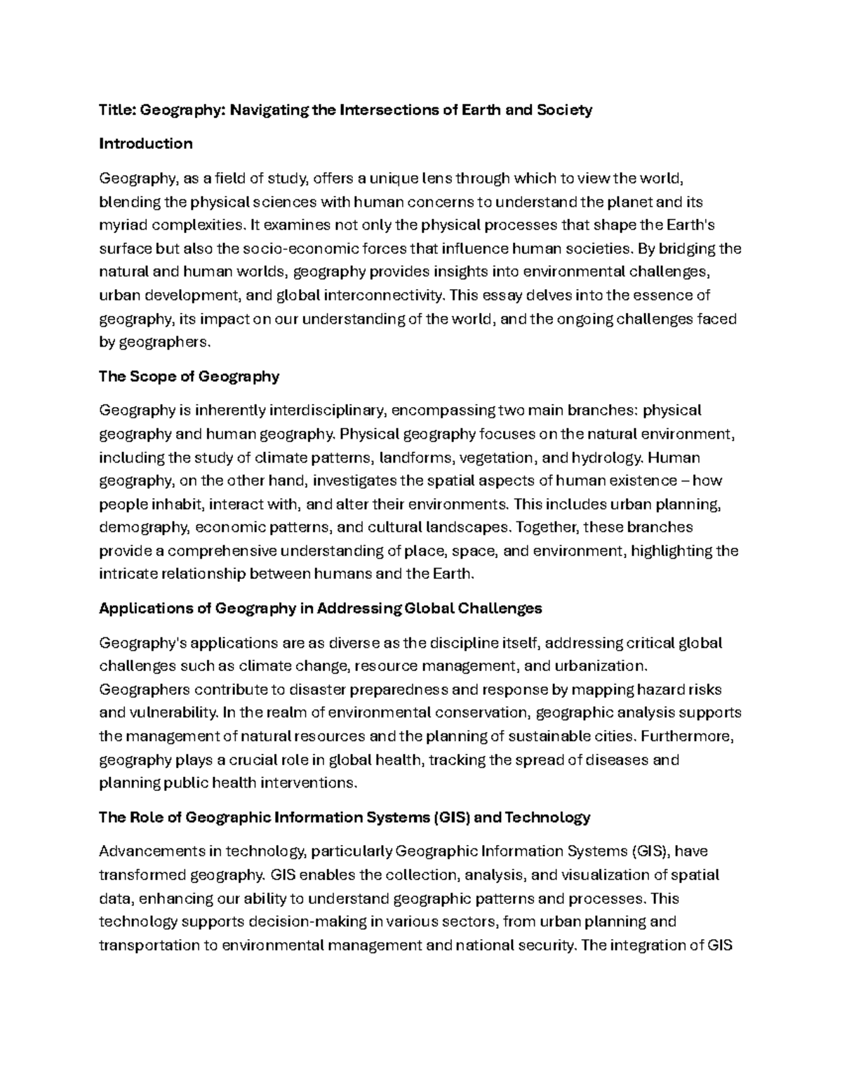Geography essay - Title: Geography: Navigating the Intersections of ...