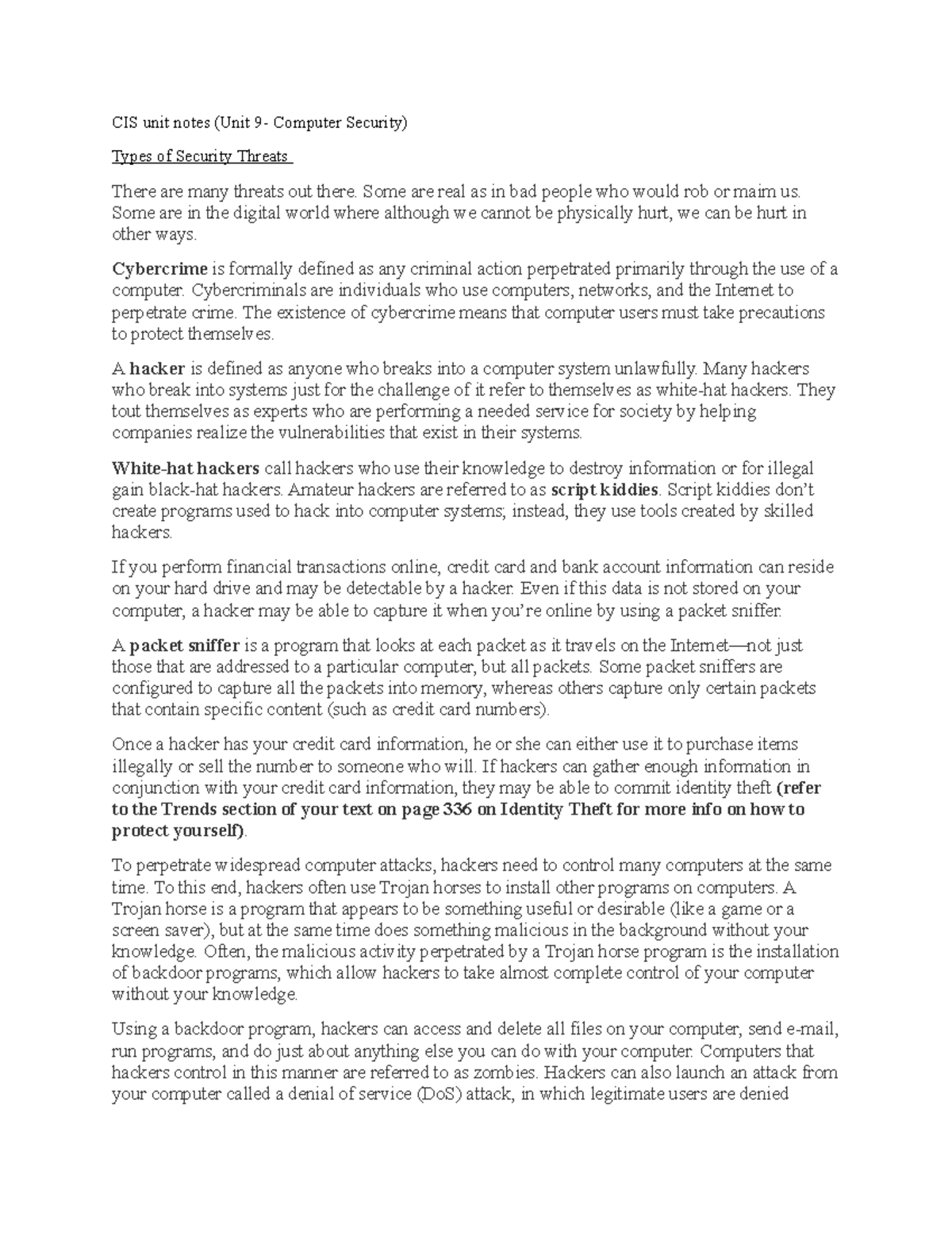 CISunit 9notes - Summary Introduction to Computing - CIS unit notes ...