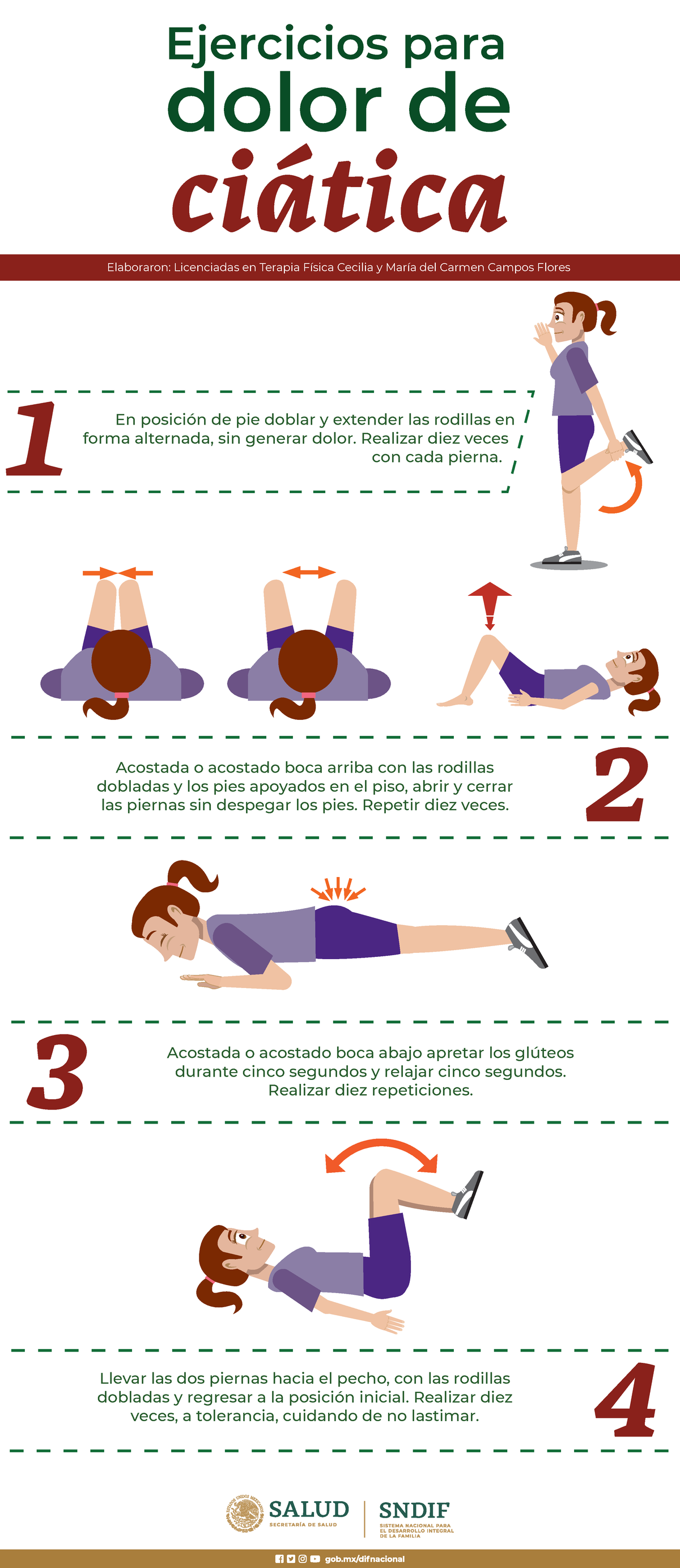 Infografia Ejercicios Dolor Ciatica - En posición de pie doblar y extender las rodillas en forma ...
