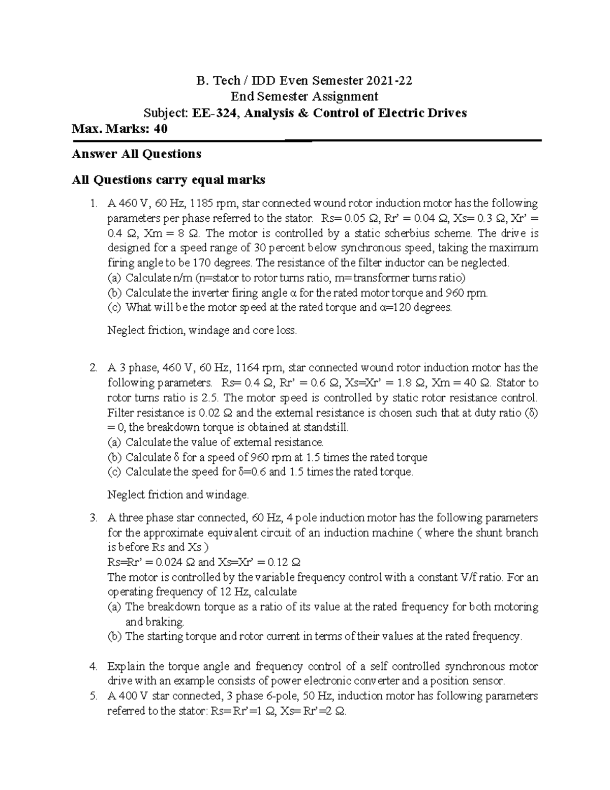 EE-324 End Sem Assignment - B. Tech / IDD Even Semester 2021- End Semester Assignment Subject ...